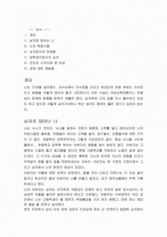 나의 자서전 20대 중반 대학생인 나의 삶을 뒤돌아 보고 반성과 자기 성찰을 위한 글입니다.
