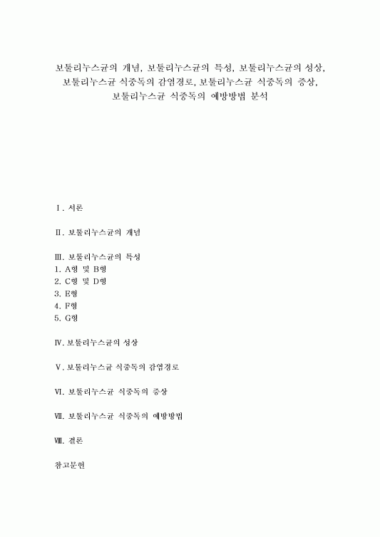 [보툴리누스균][식중독][보툴리누스]보툴리누스균의 개념, 보툴리누스균의 특성, 보툴리누스균의 성상, 보툴리누스균 식중독의 감염경로, 보툴리누스균 식중독의 증상, 보툴리누스균 식중독의 예방방법 분석