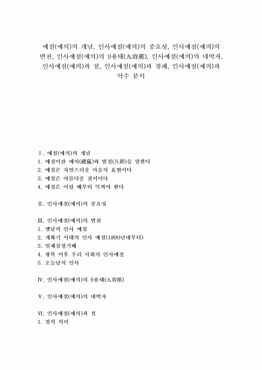 예절(예의)의 개념, 인사예절(예의)의 중요성, 인사예절(예의)의 변천, 인사예절(예의)의 9용태(九容態), 인사예절(예의)의 네박자, 인사예절(예의)과 절, 인사예절(예의)과 경례, 인사예절(예의)과 악수 분석