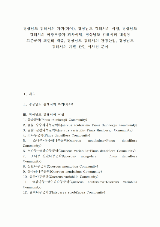 경상남도 김해시의 과거(가야), 경상남도 김해시의 식생, 경상남도 김해시 허황후릉과 피사석탑, 경상남도 김해시 대성동 고분군과 회현리 패총, 경상남도 김해시의 관광산업, 경상남도 김해시의 개발 관련 시사점