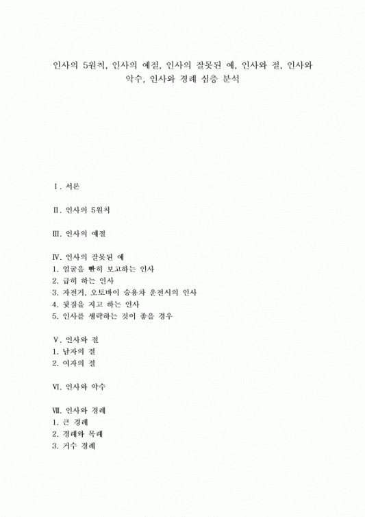 [인사][인사예절][인사의 5원칙][인사의 예절][인사의 잘못된 예][인사와 절][인사와 악수][인사와 경례]인사의 5원칙, 인사의 예절, 인사의 잘못된 예, 인사와 절, 인사와 악수, 인사와 경례 심층 분석