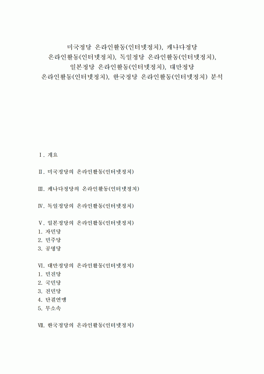 미국정당 온라인활동(인터넷정치), 캐나다정당 온라인활동(인터넷정치), 독일정당 온라인활동(인터넷정치), 일본정당 온라인활동(인터넷정치), 대만정당 온라인활동(인터넷정치), 한국정당 온라인활동(인터넷정치)