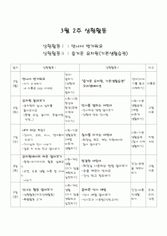 상황활동 월간,주간계획표