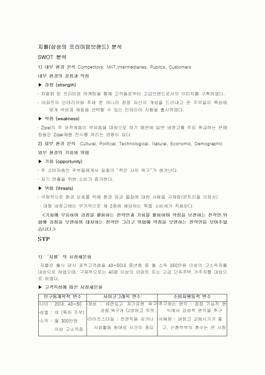 삼성프리미엄브랜드(지펠) SWOT,STP,4PMIX분석