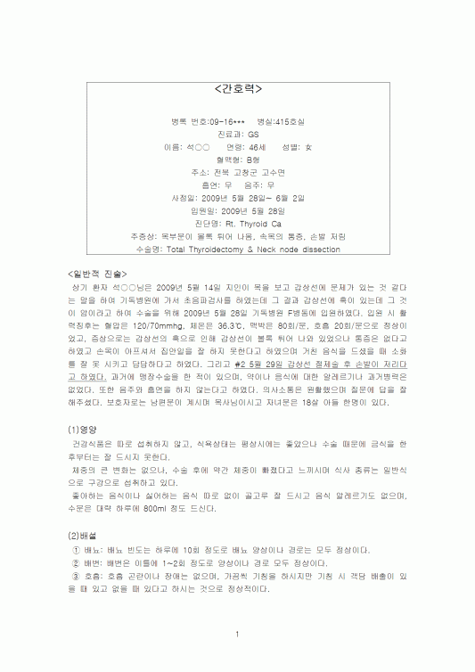 간호력 - 갑상선 대상 환자