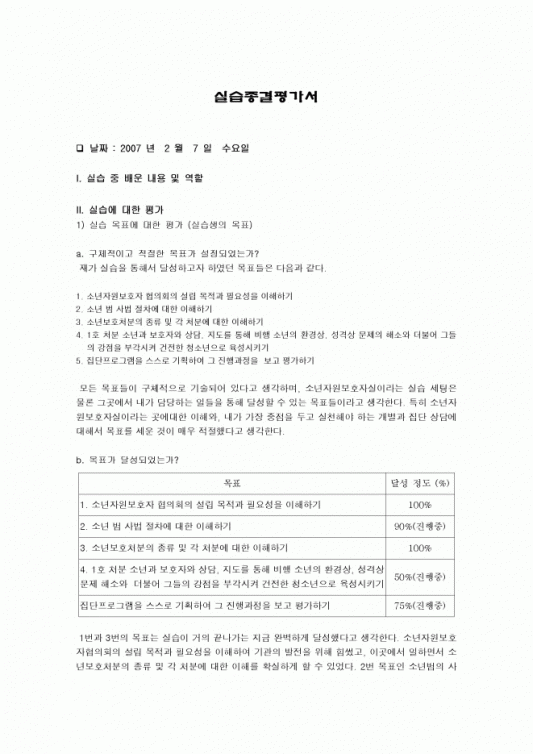 [사회복지실습]사회복지실습 종결 평가서