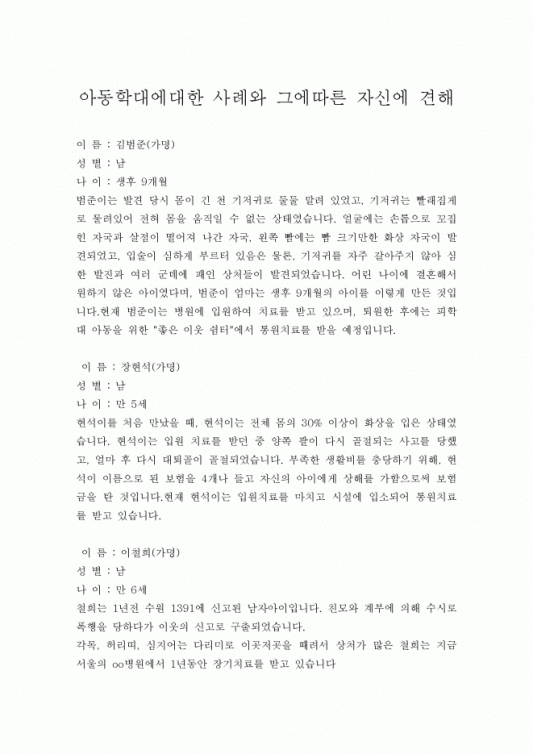 아동학대에대한 사례와 그에따른 자신에 견해 서술(사례아동4명을대상으로 작성)