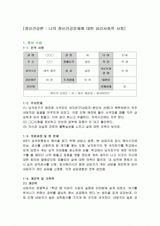 [정신건강론 : 나의 정신건강 문제에 대한 심리사회적 사정(가계도, 생태도)]