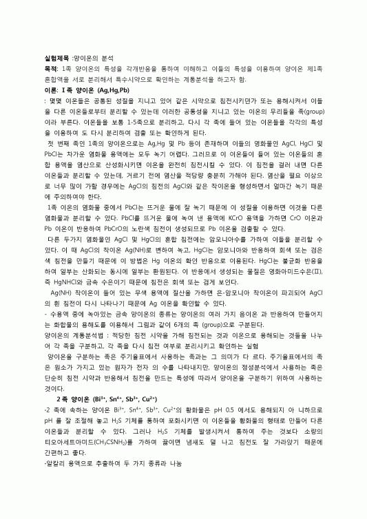 화학 양이온의 분석 예비레포트