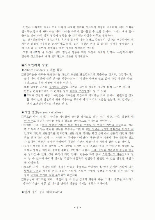 (성격심리학) 사회인지적 수준과 생물학적 수준에 대한 정리와 고찰