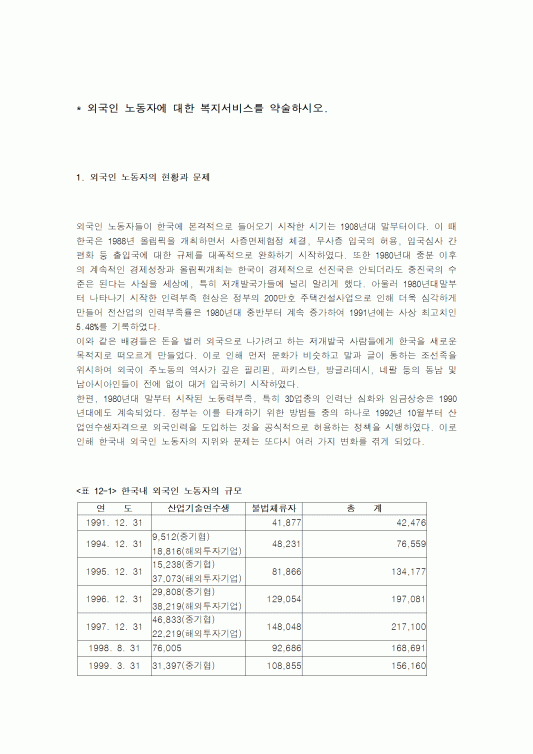 산업복지론 - 외국인 노동자에 대한 복지서비스를 약술하시오.