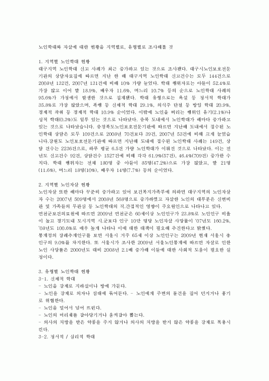 노인학대와 자살에 대한 현황을 지역별로, 유형별로 조사해볼 것