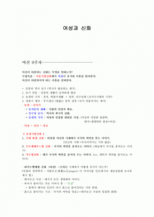 영남대학교 인터넷강의 여성과 신화 시험자료 요약