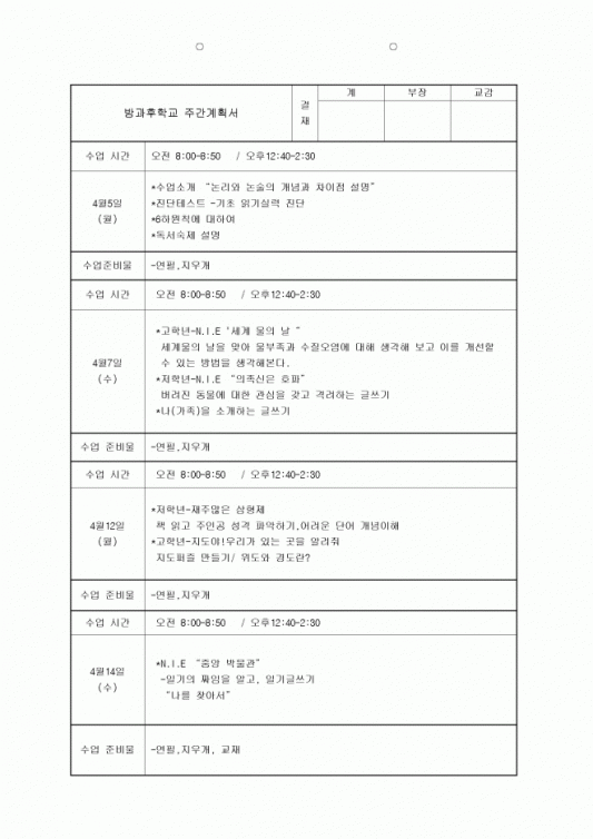 방과후 학교 논술 주간계획서 4~5월분