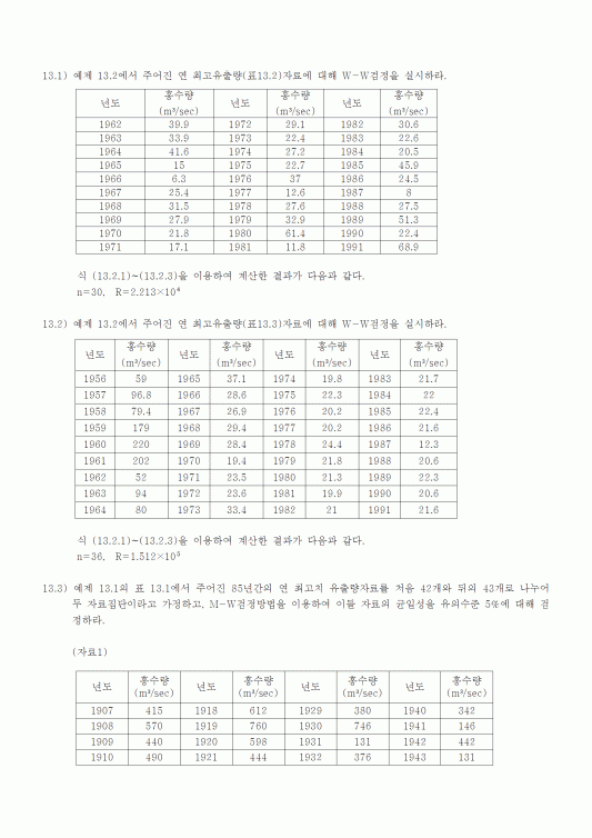 수문학 (저 이재수)구미서관 13장 연습문제 풀이