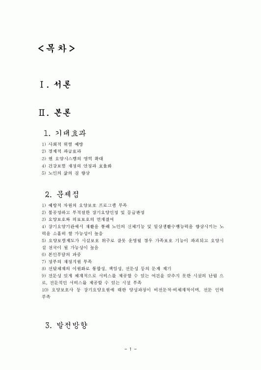 노인장기요양보험제도의 문제점과 해결에 관한 개인 의견 중심 보고서(10년06월작성)