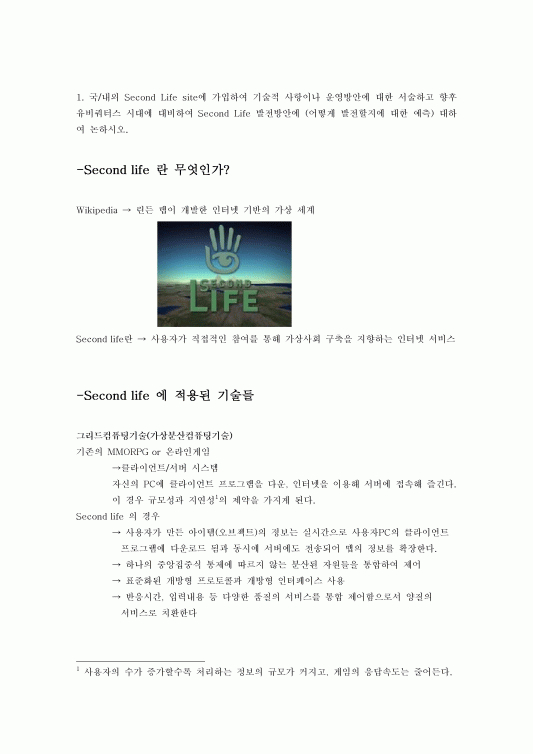 세컨드 라이프 second life의 운영방안, 기술사항 및 앞으로의 전망에 대한 의견