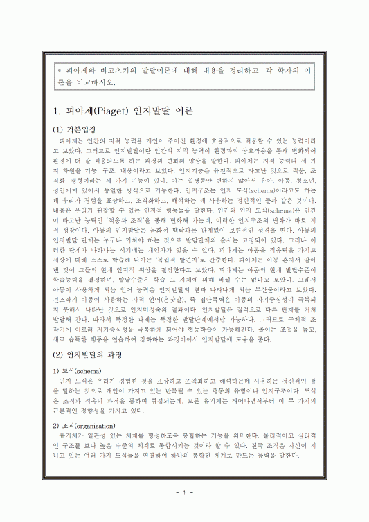 [교육심리학]피아제와 비고츠키의 발달이론과 학자 비교