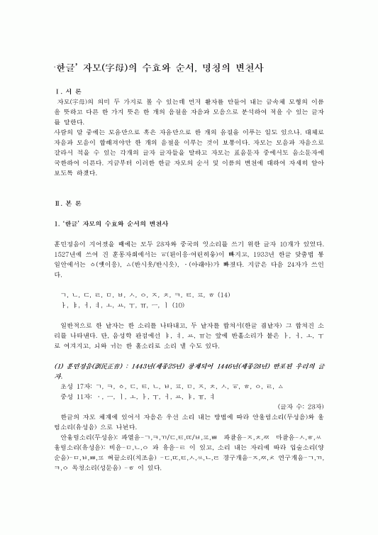 ‘한글’ 자모(字母)의 수효와 순서, 명칭의 변천사