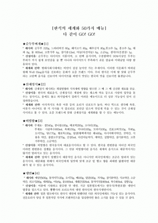 한식의 세계화요리 50가지, 선정이유와 세계화가능성