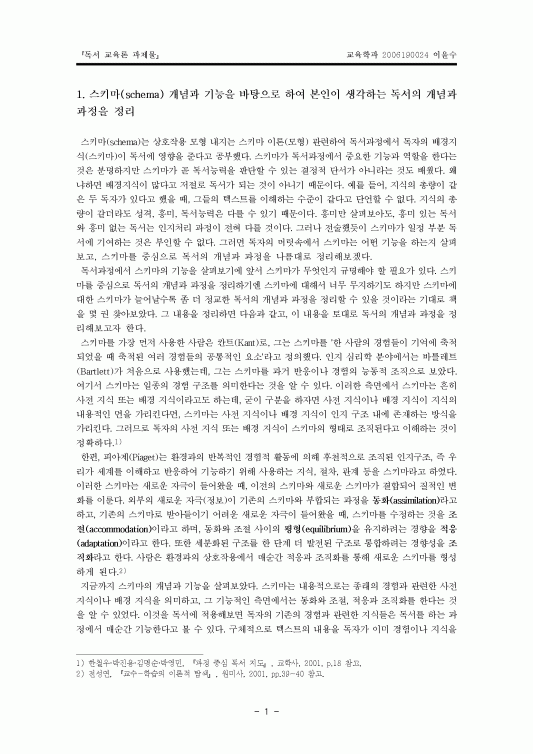 스키마(schema) 개념과 기능을 바탕으로 한 독서의 개념과 과정