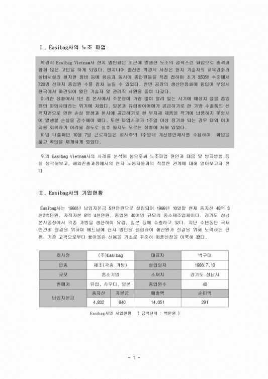 [경영학] (주)Easibag Vietnam사 기업소개와 노조파업과 그에 따른 전략 소개