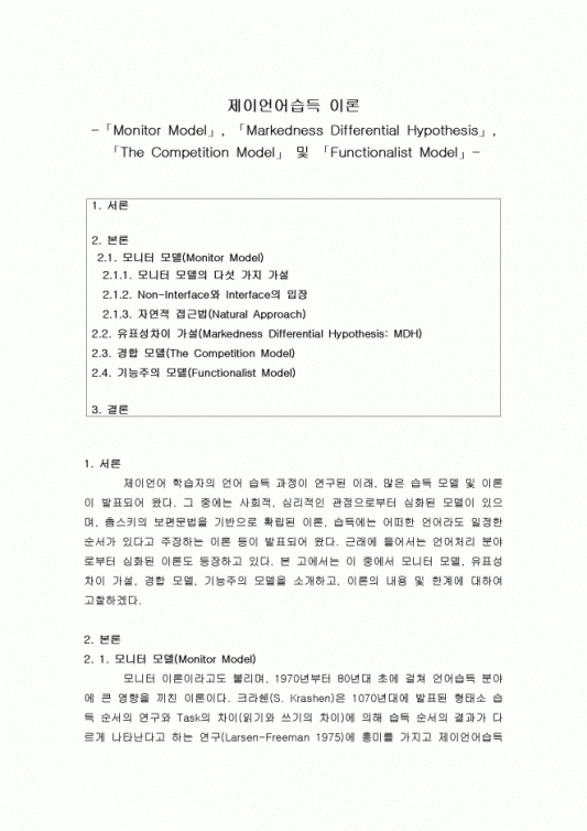 제이언어습득 이론(Monitor Model, Markedness Differential Hypothesis, The Competition Model 및 Functionalist Model)