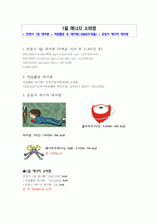 1일 에너지 소비량과 섭취량(일주일)