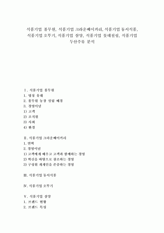 [식품기업][풀무원][동서식품][오뚜기][삼양][롯데칠성][두산주류]식품기업 풀무원, 식품기업 크라운베이커리, 식품기업 동서식품, 식품기업 오뚜기, 식품기업 삼양, 식품기업 롯데칠성, 식품기업 두산주류 분석