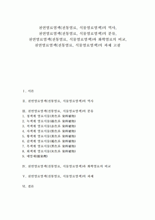 [염색]천연염료염색(전통염료, 식물염료염색)의 역사, 천연염료염색(전통염료, 식물염료염색)의 분류, 천연염료염색(전통염료, 식물염료염색)과 화학염료의 비교, 천연염료염색(전통염료, 식물염료염색)의 과제 고찰