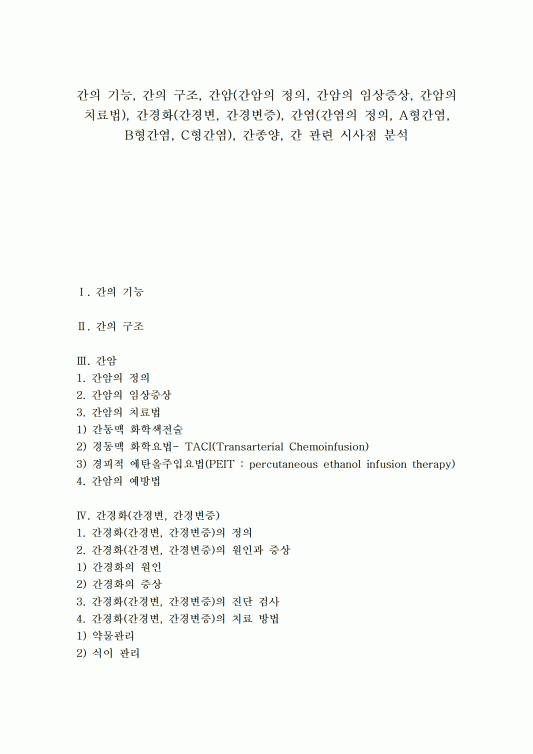 [간종양][간암][간경화][간염]간의 기능, 간의 구조, 간암(간암의 정의, 간암의 임상증상, 간암의 치료법), 간경화(간경변, 간경변증), 간염(간염의 정의, A형간염, B형간염, C형간염), 간종양, 간 관련 시사점 분석