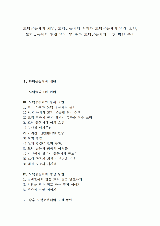 [도덕공동체의 의의][도덕공동체의 방해][도덕공동체의 형성][도덕공동체의 구현]도덕공동체의 개념, 도덕공동체의 의의와 도덕공동체의 방해 요인, 도덕공동체의 형성 방법 및 향후 도덕공동체의 구현 방안 분석
