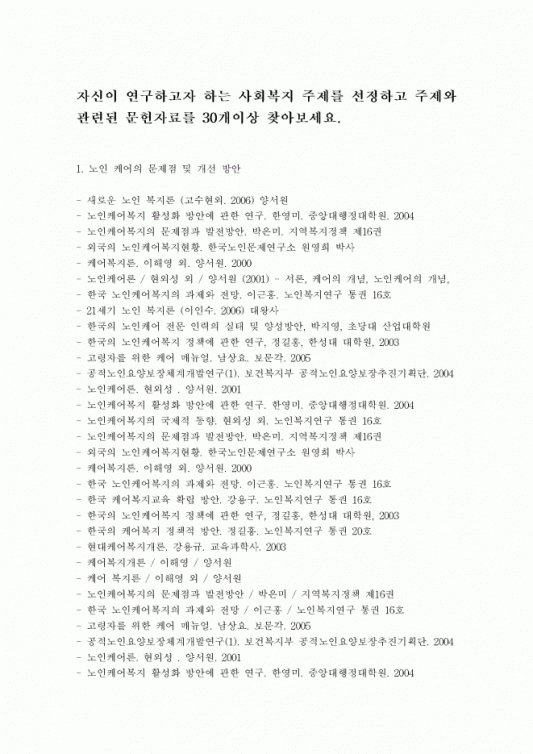 자신이 연구하고자 하는 사회복지 주제를 선정하고 주제와 관련된 문헌자료를 30개이상 찾아보세요.