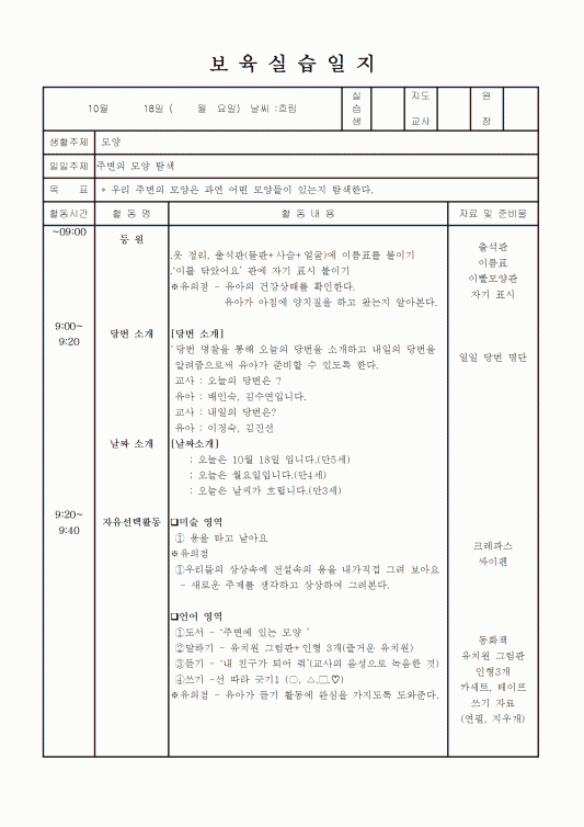 보육실습일지 우리 주변의 모양은 과연 어떤 모양들이 있는지 탐색한다.