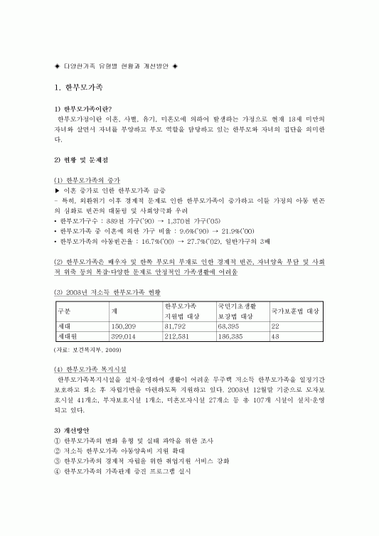 다양한가족 유형별 현황과 개선방안