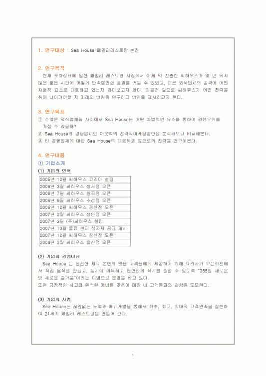 (마케팅원론) 씨하우스 마케팅전략(SWOT,STP 등)