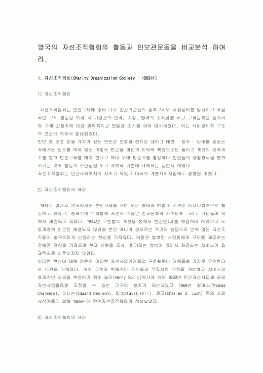 영국의 자선조직협회의 활동과 인보관운동을 비교분석 하여라