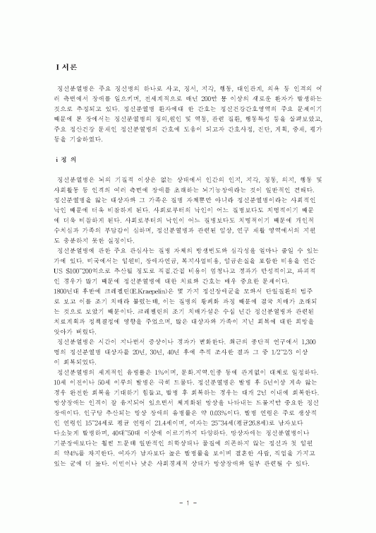 간호학)정신분열병에 관하여...