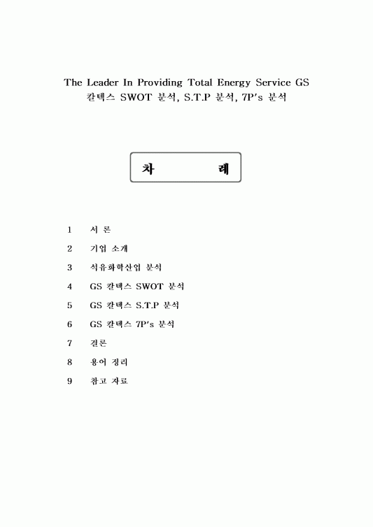 The Leader In Providing Total Energy Service GS 칼텍스 SWOT 분석, S.T.P 분석, 7P`s 분석