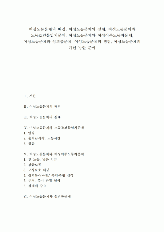 여성노동문제의 배경, 여성노동문제의 실태, 여성노동문제와 노동조건불일치문제, 여성노동문제와 여성이주노동자문제, 여성노동문제와 성희롱문제, 여성노동문제의 쟁점, 여성노동문제의 개선 방안 분석