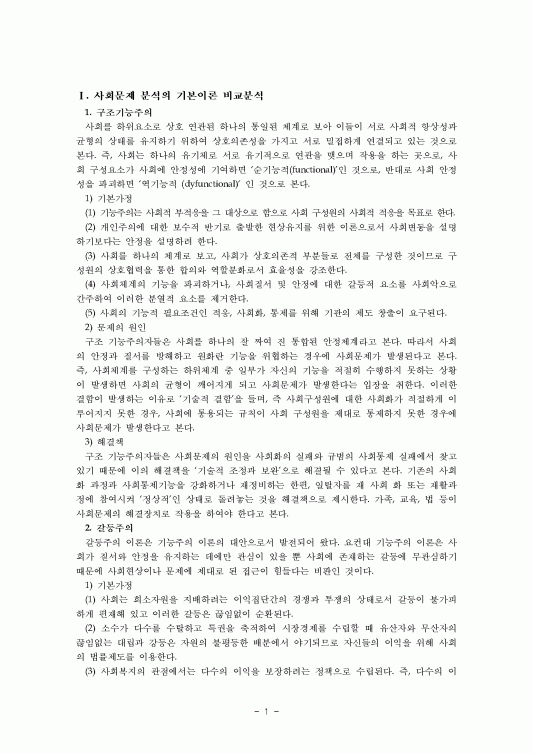 (사회복지)  사회문제 분석의 기본이론 비교분석