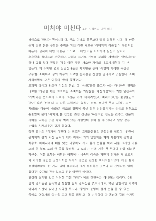 우수독후감(베스트셀러,인문학,역사,인물)-미쳐야 미친다 (조선 지식인의 내면 읽기)