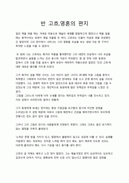 우수독후감(예술/대중문화/예술가/미술/화가)-반 고흐, 영혼의 편지