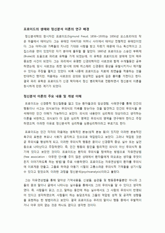 [인간과심리]프로이드의 정신분석 이론에 대하여 - 프로이드 정신분석 이론의 주요 개념 설명 및 의의와 한계 고찰