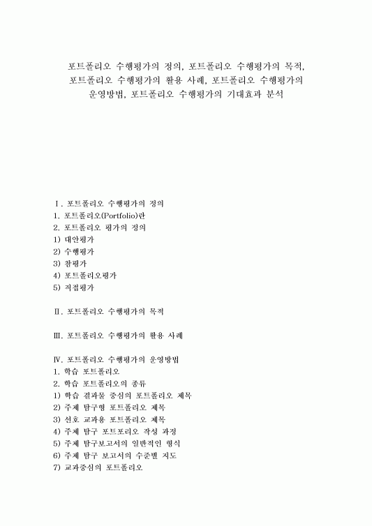 [포트폴리오 수행평가][포트폴리오][수행평가]포트폴리오 수행평가의 정의, 포트폴리오 수행평가의 목적, 포트폴리오 수행평가의 활용 사례, 포트폴리오 수행평가의 운영방법, 포트폴리오 수행평가의 기대효과 분석