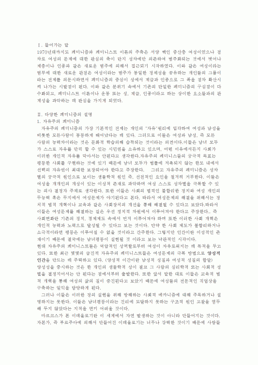 [사회과학] 다양한 페미니즘에 대해 설명하시고 자기의 생각을 적으세요