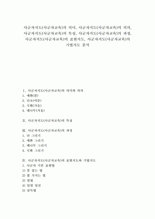 사군자지도(사군자교육)의 의미, 사군자지도(사군자교육)의 의의, 사군자지도(사군자교육)의 특성, 사군자지도(사군자교육)의 과정, 사군자지도(사군자교육)의 표현지도, 사군자지도(사군자교육)의 기법지도 분석