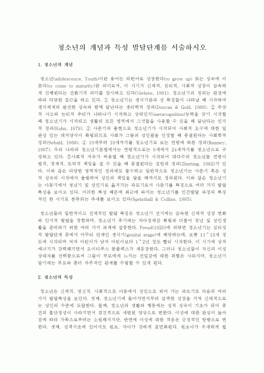 청소년의 개념과 특성 발달단계를 서술