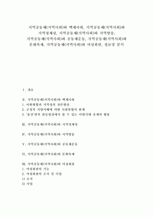 지역공동체(지역사회)와 백제사회, 지역공동체(지역사회)와 지역정체성, 지역공동체(지역사회)와 지역방송, 지역공동체(지역사회)와 공동체운동, 지역공동체(지역사회)와 문화축제, 지역공동체와 여성회관, 정보망