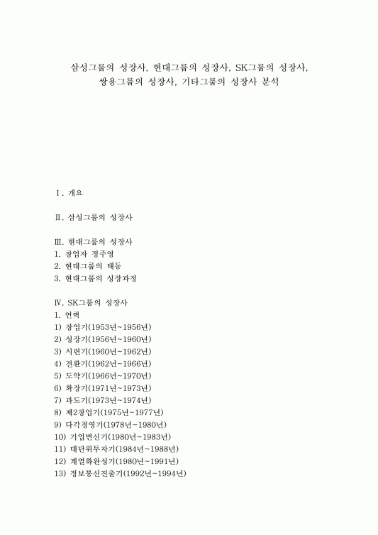 [성장사][기업][그룹]삼성그룹의 성장사, 현대그룹의 성장사, SK그룹의 성장사, 쌍용그룹의 성장사, 기타그룹의 성장사 분석(삼성그룹 성장사, 현대그룹 성장사, SK그룹 성장사, 쌍용그룹 성장사, 기업, 그룹)